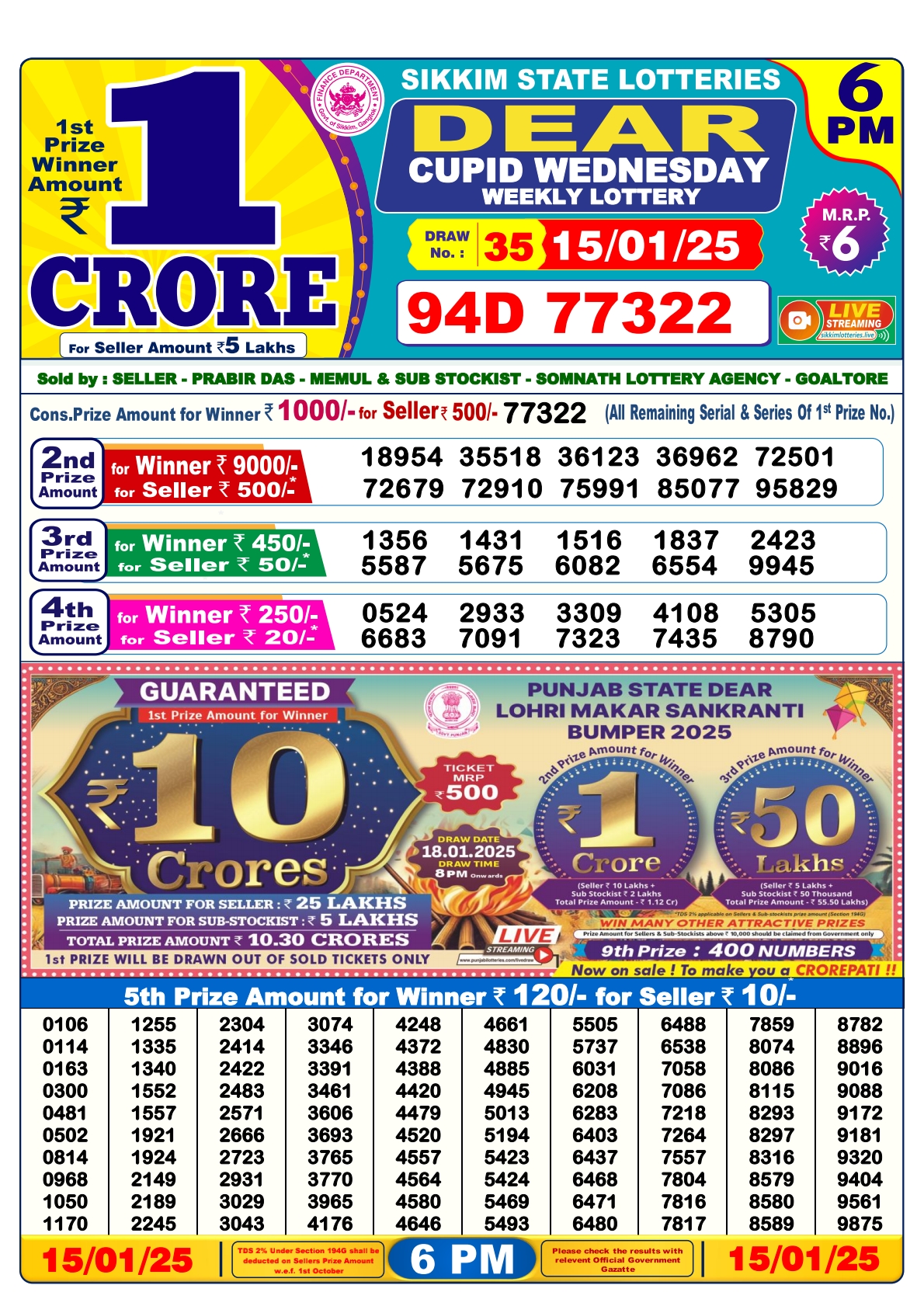Dear cupid wednesday weekly lottery result,6pm,15.1.2025