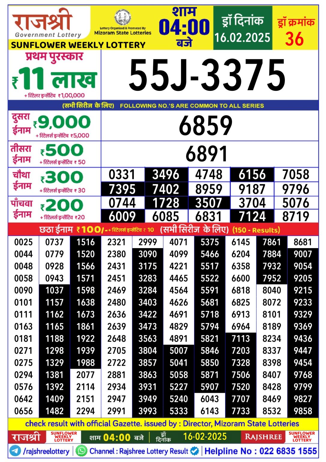 Rajshree sunflower weekly lottery result, 4pm, 16.2.2025