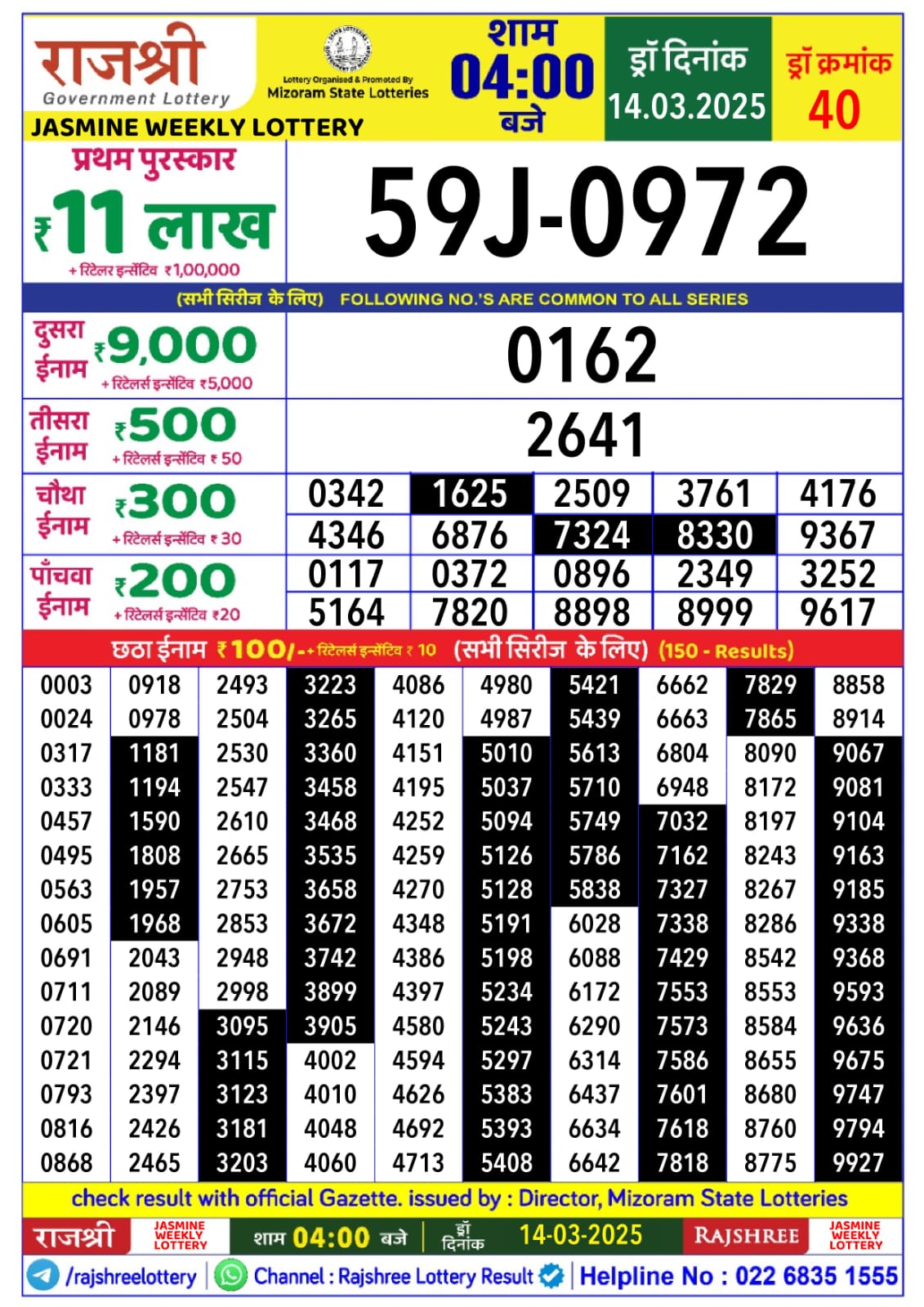 Rajshree jasmine weekly lottery result, 4pm, 14.3.2025
