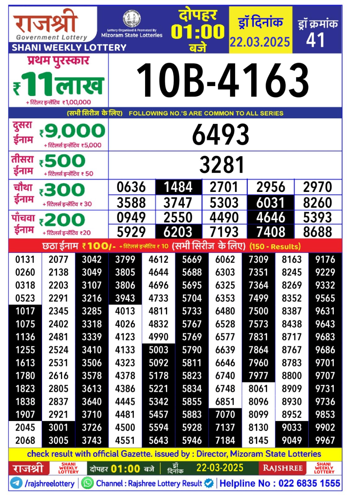 Rajshree shani weekly lottery result, 1pm, 22.3.2025