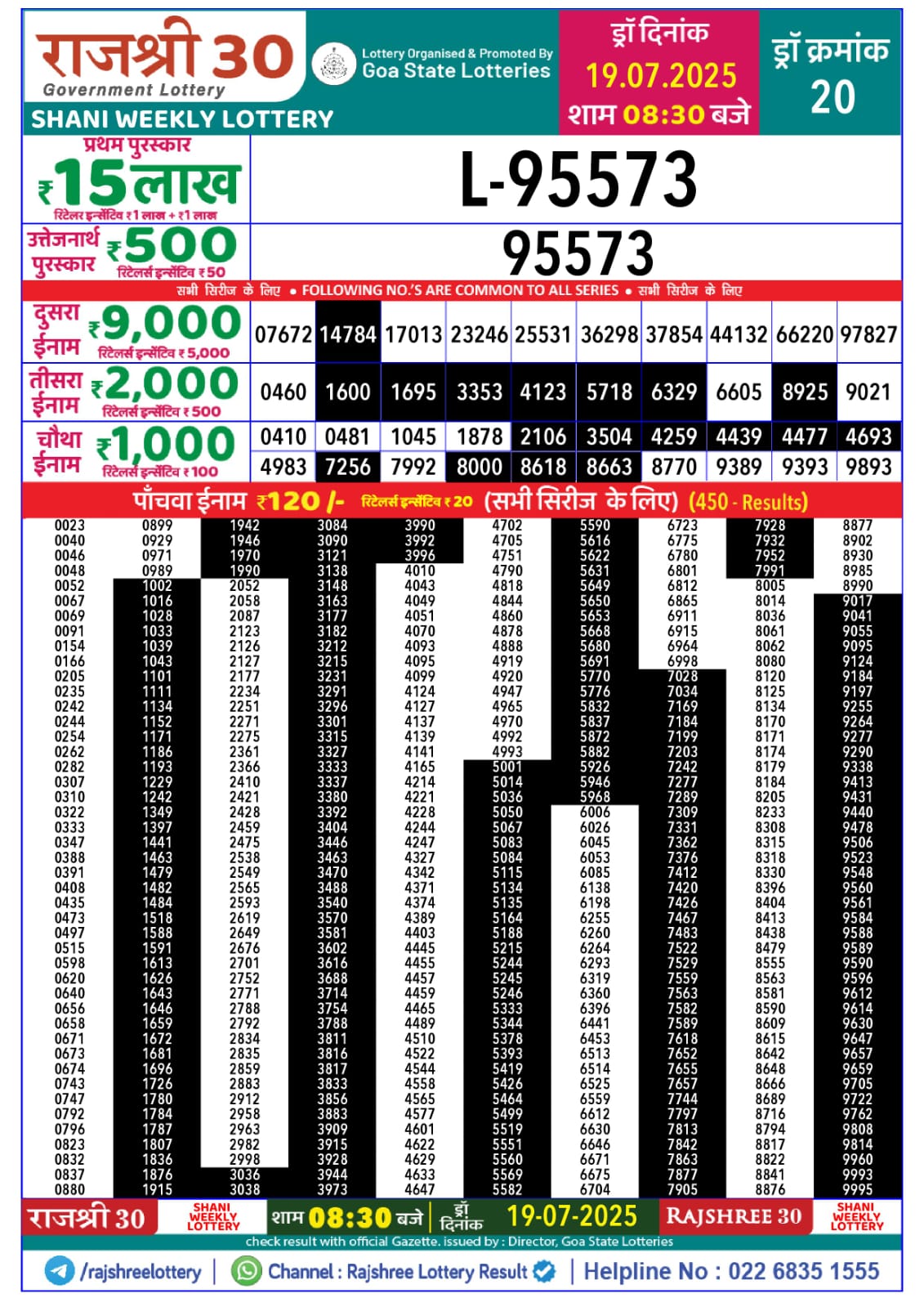 Rajshree 30 shani weekly lottery result,8.30pm ,19.07.2025