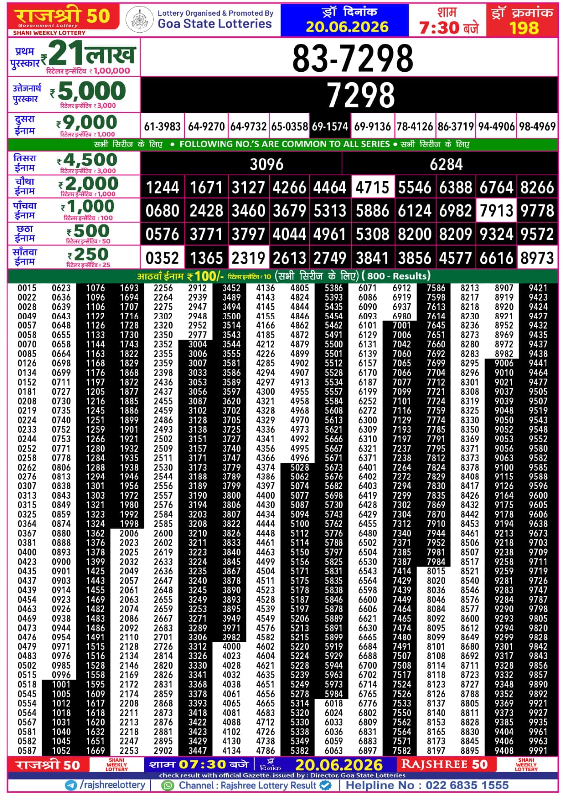 Rajshree 50 Shani Weekly Lottery Result, 7.30pm, 20.06.2026