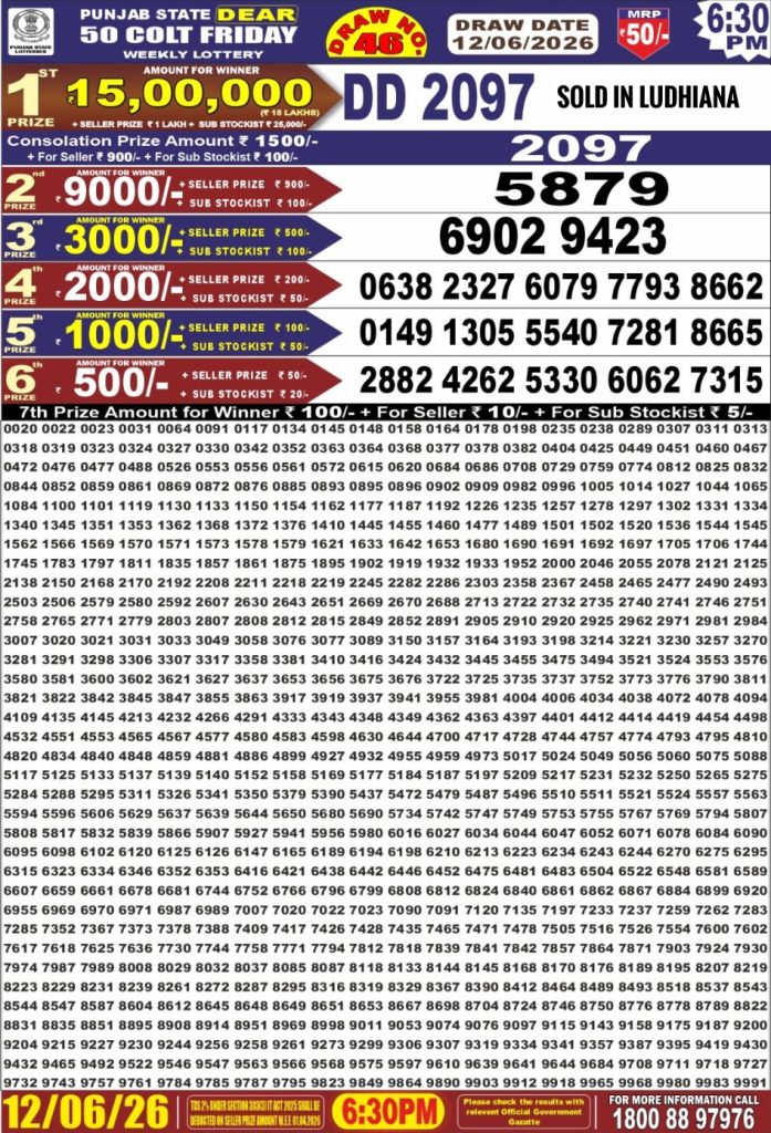 Punjab State Dear 50 Friday Weekly Lottery Result, 6:30pm, 12.06.2026