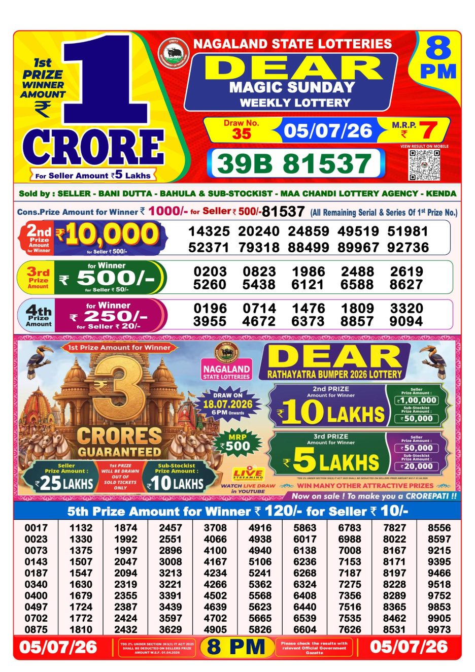 Dear Magic Sunday Weekly Lottery Result, 8pm, 05.07.2026